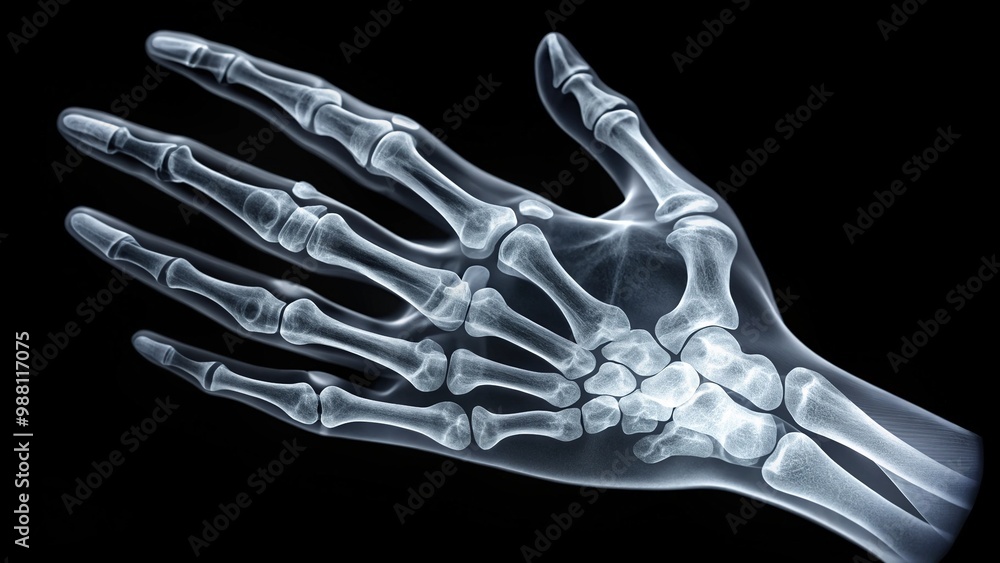Medical X-Ray Image Of A Human Hand Showing Bones And Soft Tissues In ...