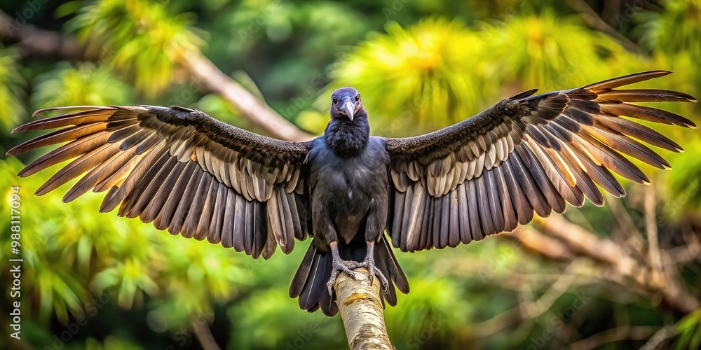 Majestic urubu bird, also known asblack vulture, perched on a tree ...