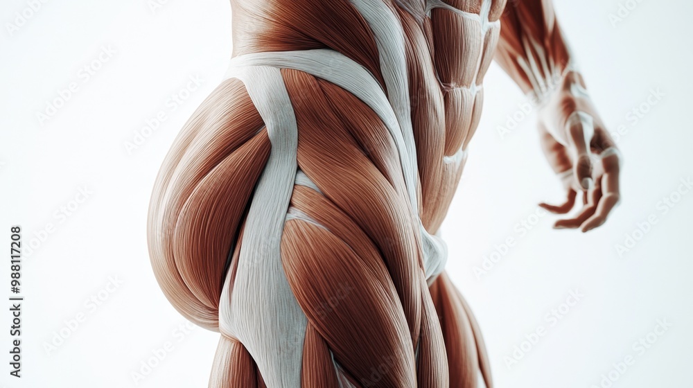 hip and hamstring muscle fibers on white background. Piriformis Syndrom ...