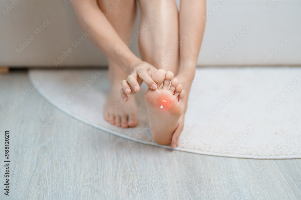 Arthritis and Muscle Pain Relief Cream concept. woman having barefoot ...