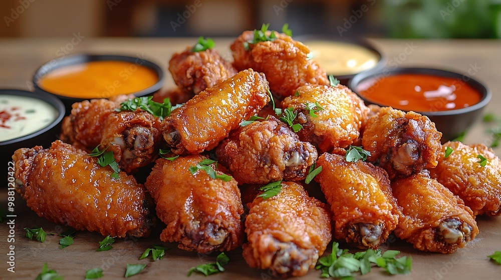 A vibrant spread of fried chicken wings, golden and crispy, arranged ...