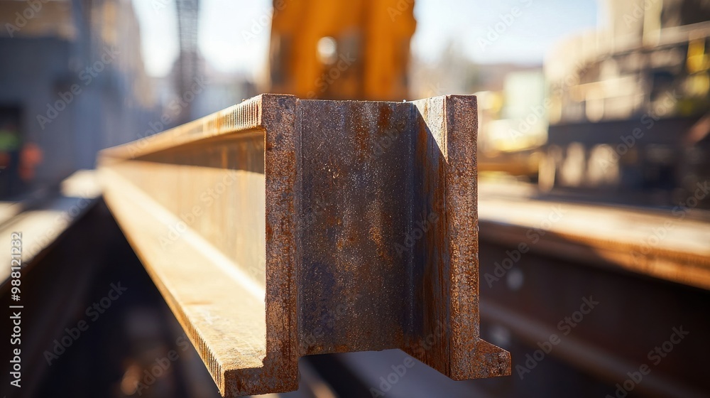Close-up of a steel beam being lifted by a crane in a construction site ...
