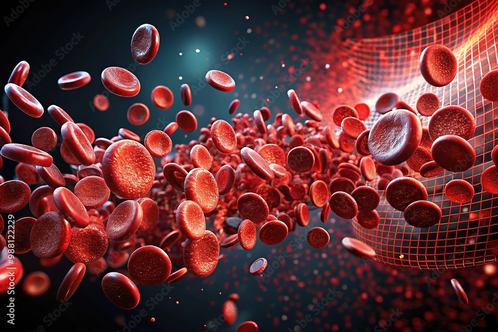 Vibrant pixelated illustration of red blood cells, composed of tiny ...