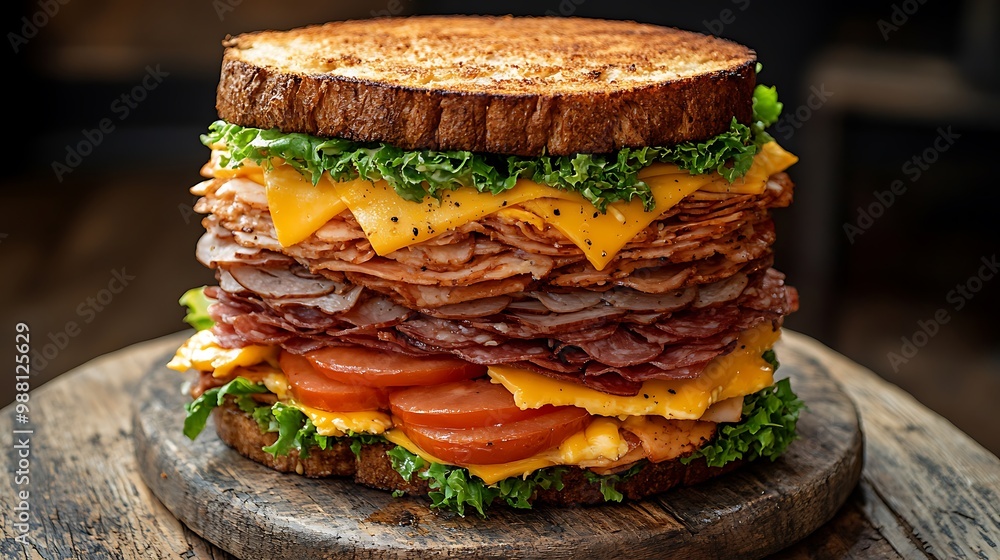 A colossal sandwich tower with layers of deli meats, cheddar, lettuce ...