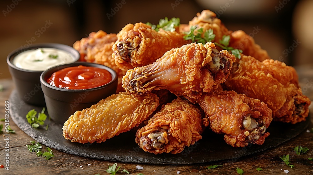 A feast of fried chicken wings, golden and crispy, laid out on a ...