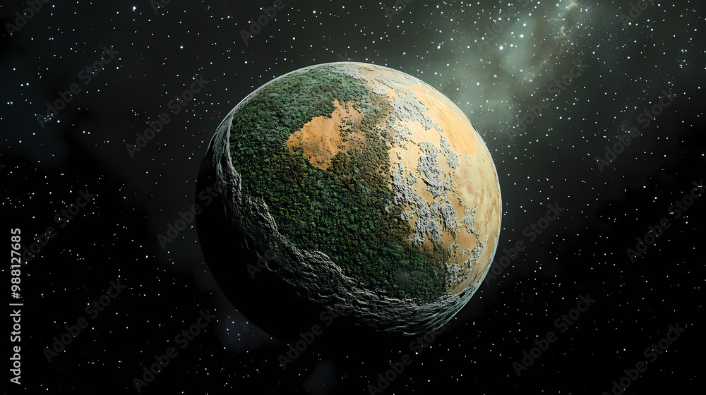 Terraformed planet with water bodies and green areas, closely orbiting ...