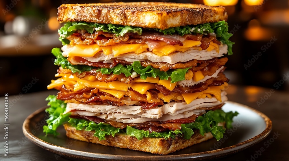 A stacked sandwich tower with layers of turkey, bacon, lettuce, and ...