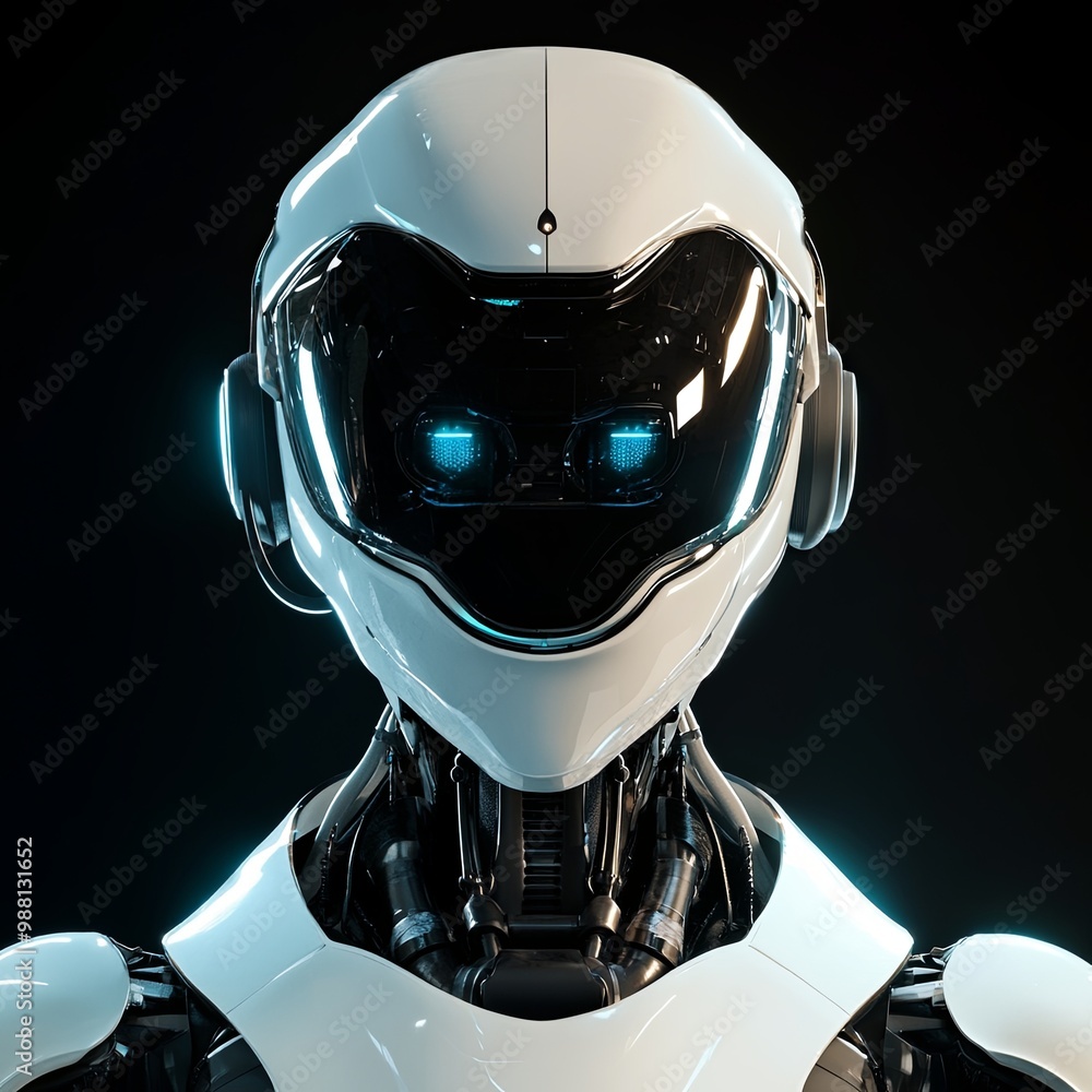 Front view of Futuristic Humanoid Robot with Glass Visor on Dark ...