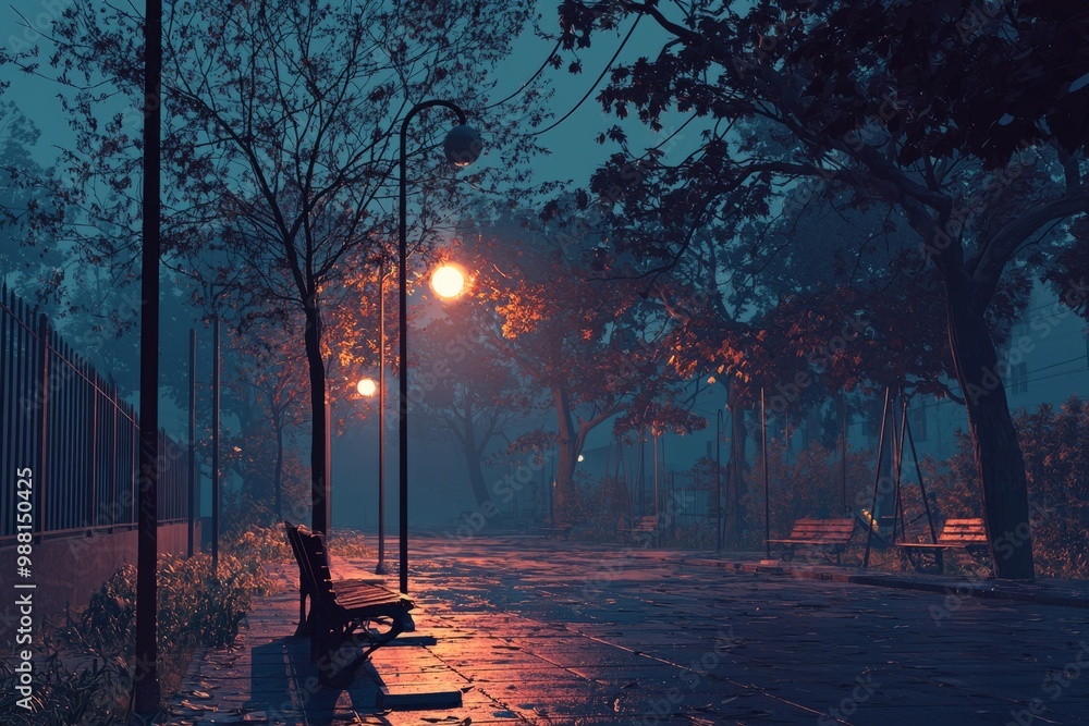 A Quiet, Deserted Park At Night With Flickering Street Lamps And Empty ...