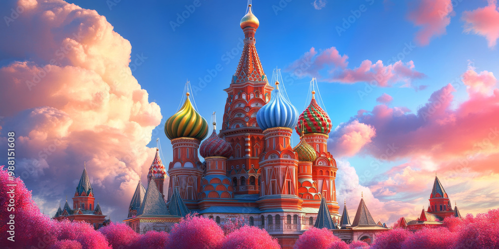 A majestic scene featuring iconic Russian architecture, including the ...