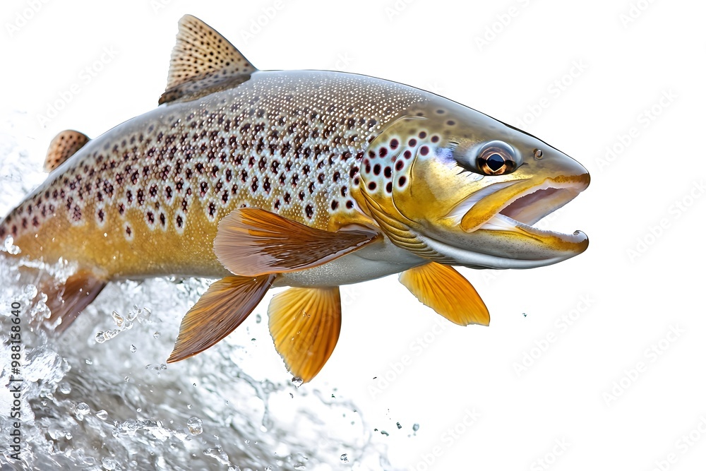 Brown trout fish jumping out of water with mouth open and fins spread ...