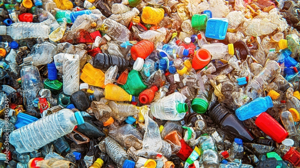 Plastic pollution, discarded bottles and containers, environmental ...