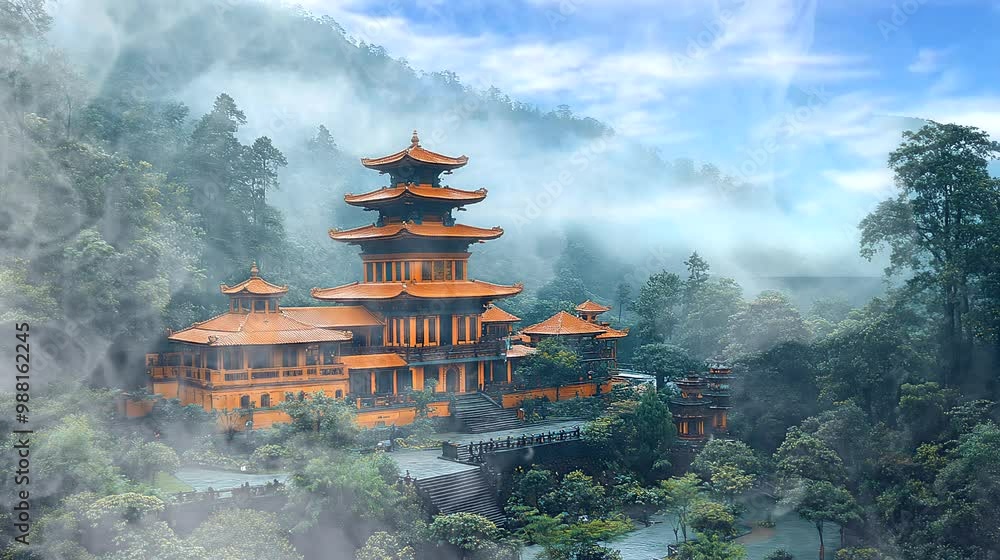Traditional Chinese pagoda stands majestically in misty mountains ...