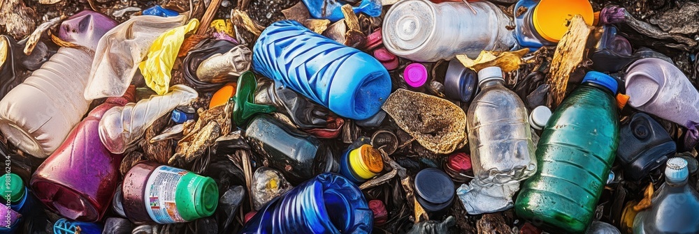 Plastic pollution, discarded bottles and containers, environmental ...