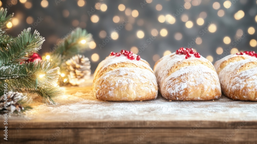 Delicious traditional Stollen bread is artfully arranged on a Christmas ...
