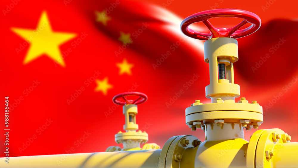 Gas pipeline with China flag. Yellow pipe with pressure valves. Gas ...