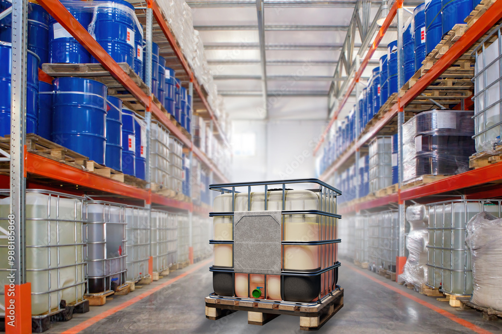 Chemical factory warehouse. Hangar interior with barrels on racks ...