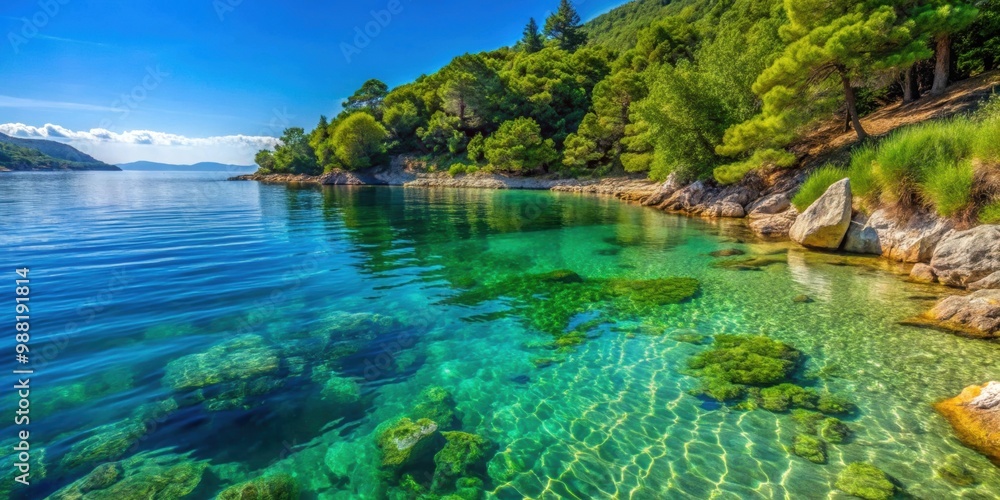 Shoreline of Uvala Gradina bay with crystal clear waters and lush ...
