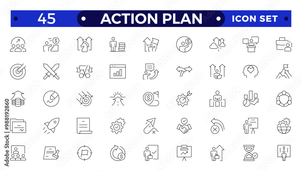Action plan outline icon set. Containing planning, schedule, strategy ...
