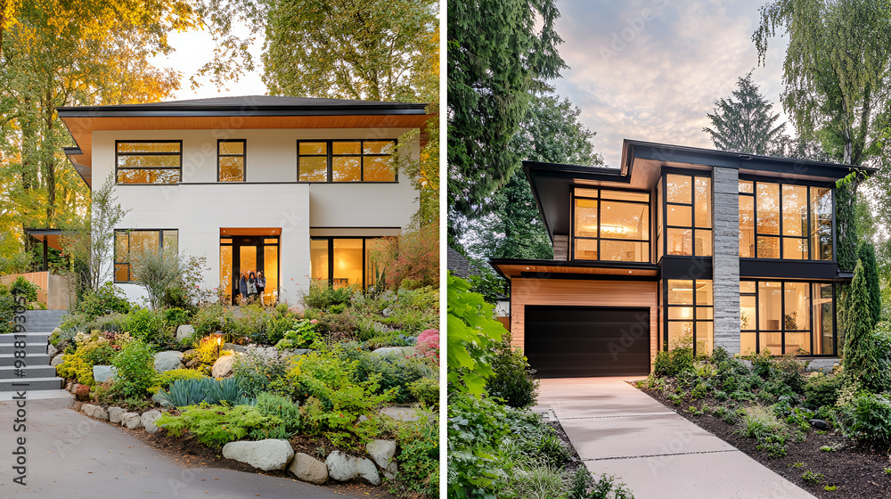 House renovation before and after repair comparison, exterior view ...