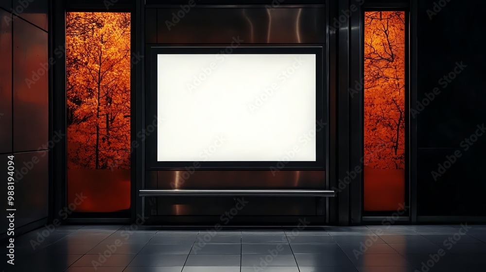 Modern elevator interior with a blank advertising space and illuminated ...