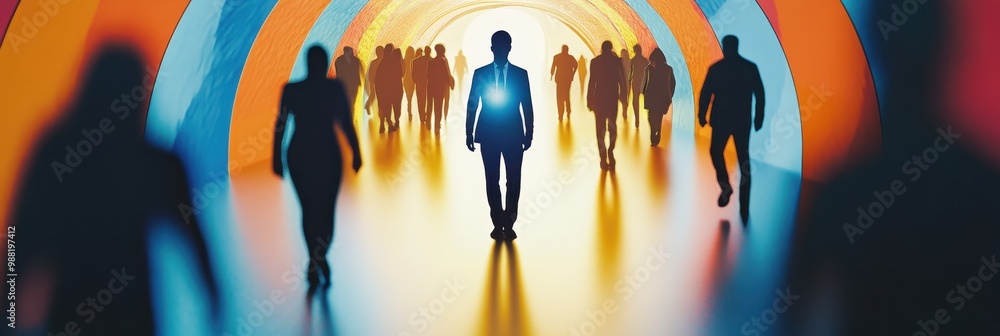 Silhouettes of people, colorful concentric circles, standing out from ...