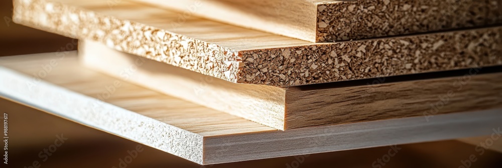 Stacked wood panels, particle board, laminate flooring samples, close ...