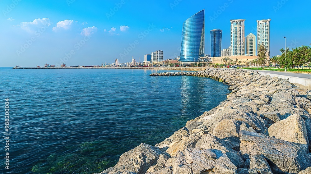 The Jeddah Corniche waterfront, with modern landmarks and the Red Sea ...