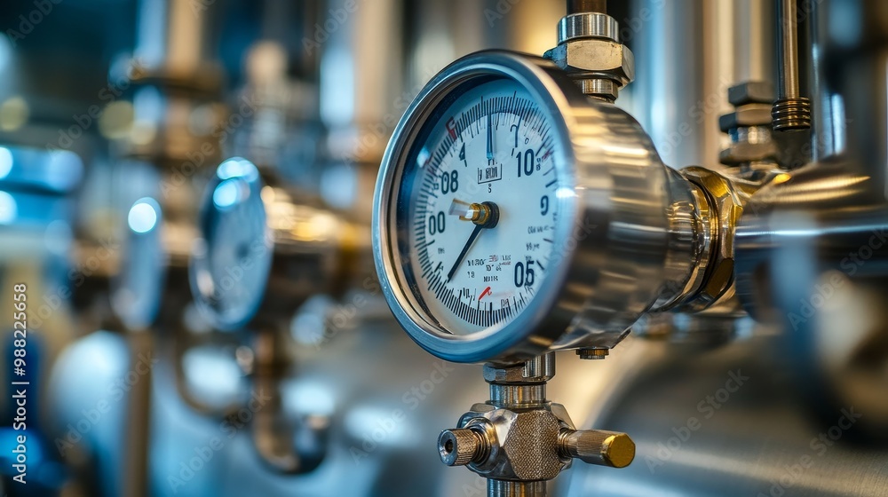 A detailed capture of a temperature gauge on a reflective stainless ...