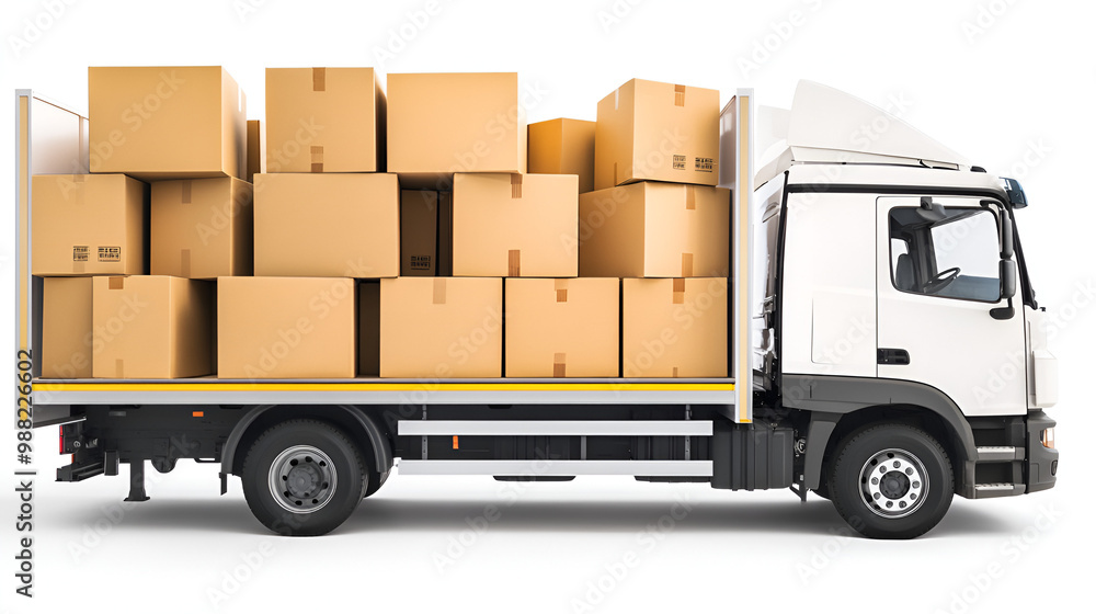 Rear back view of truck full of cardboard box packages isolated. Cargo ...