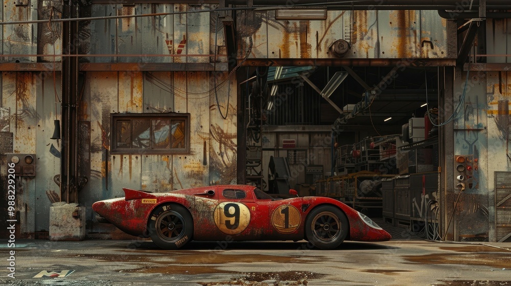 Historic Le Mans race car from 1960s parked in front of rustic garage ...