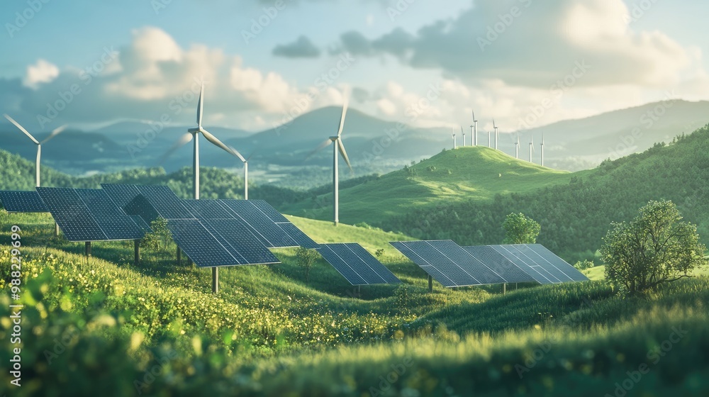 Corporate report with visuals of wind turbines and solar panels ...