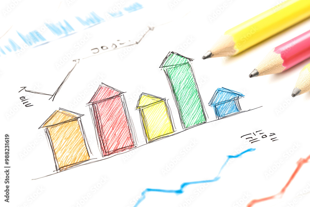 Colorful bar graph illustration with pencils, showcasing data trends ...