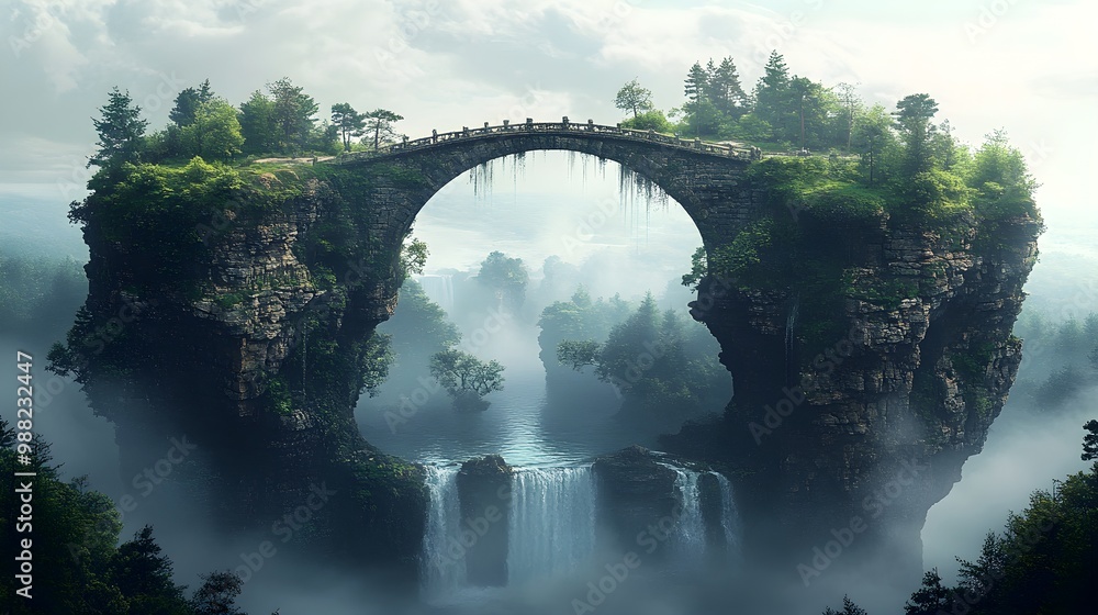 Circular bridge made of ancient stone, arching gracefully between two ...