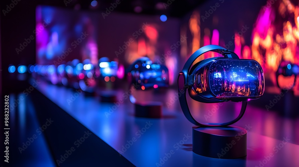 Circular exhibit of augmented reality headsets at a tech expo ...