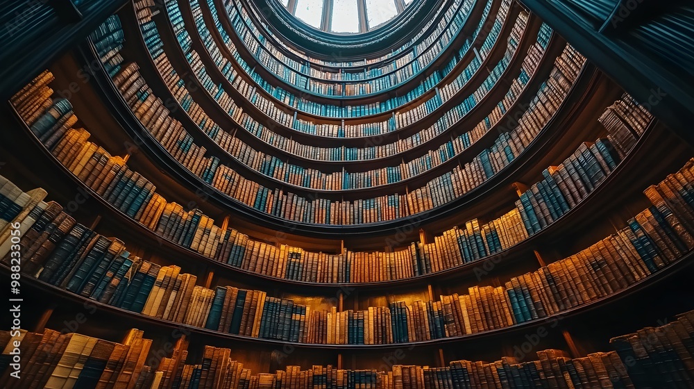 Circular library tower with books and scrolls perfectly arranged ...