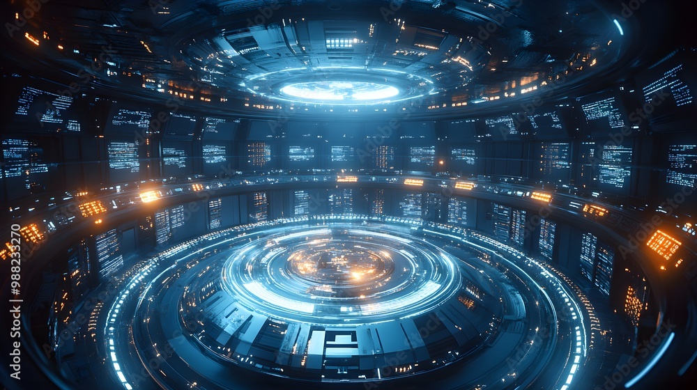 Circular server farm with rows of humming computers, their lights ...