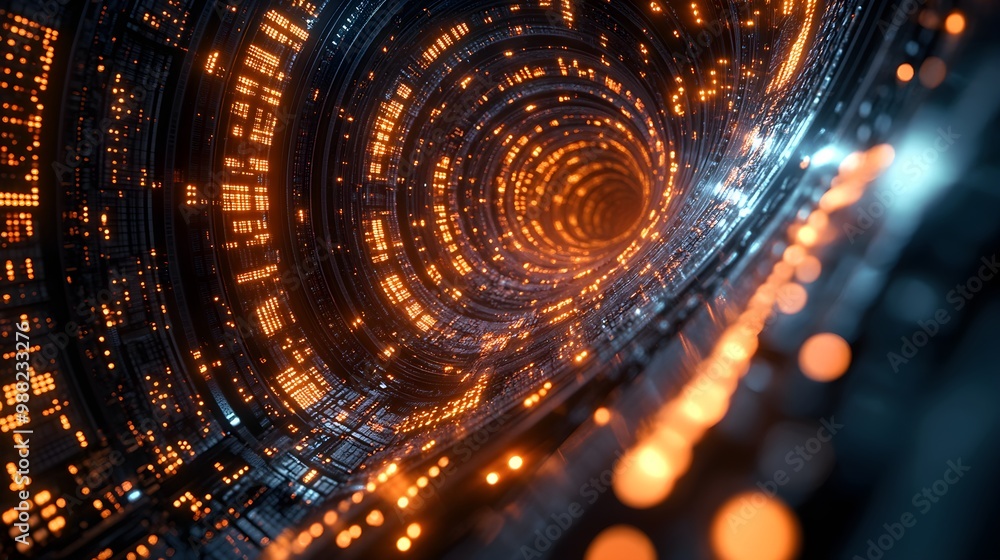 Circular server farm with rows of humming computers, their lights ...