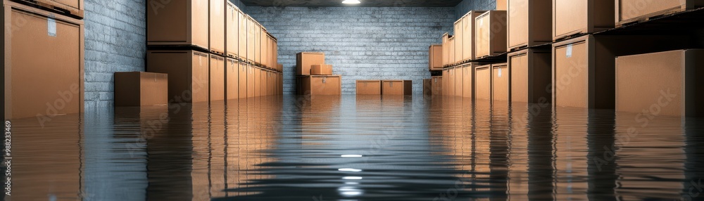 An abandoned warehouse filled with water, highlighting the effects of ...