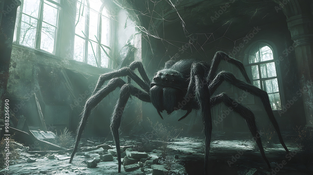 A giant spider crawling over a spooky, abandoned mansion, weaving webs ...