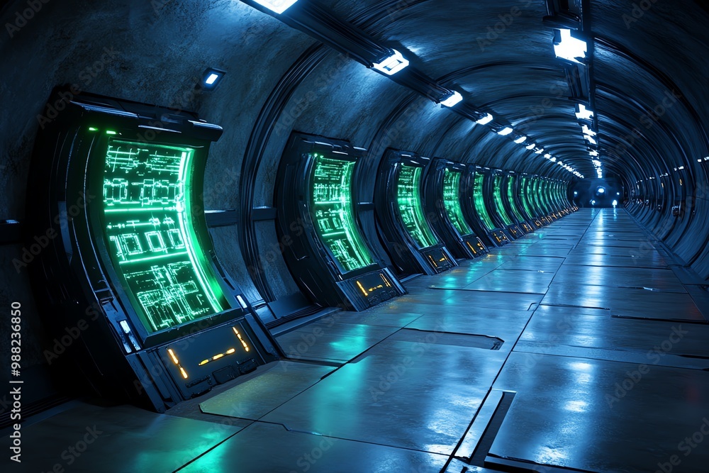 Advanced sci-fi underground prison, with laser barriers, glowing force ...