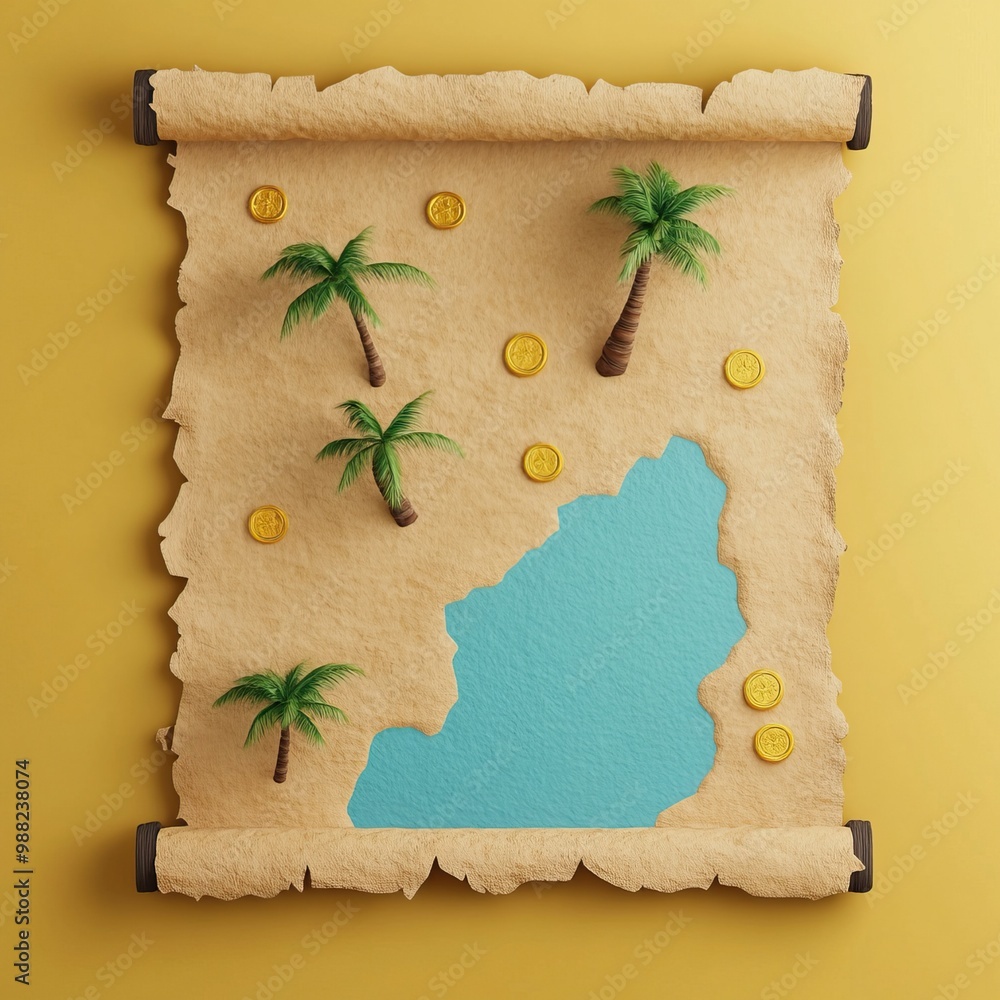 A treasure map design featuring palm trees, water, and gold coins on a ...