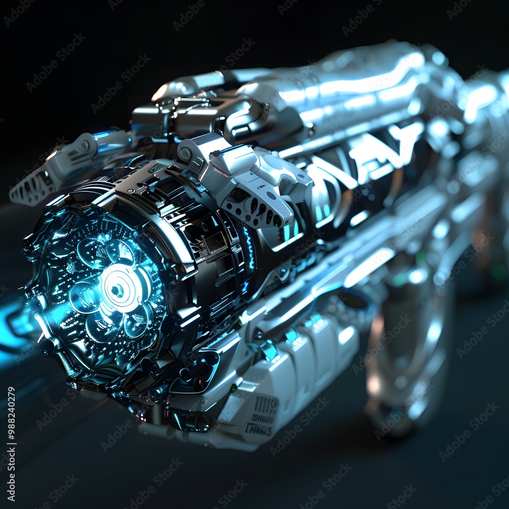 A detailed 3D model of a futuristic sci-fi weapon with glowing energy ...