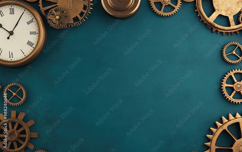 Vintage clock and gears arranged artistically on a textured teal ...