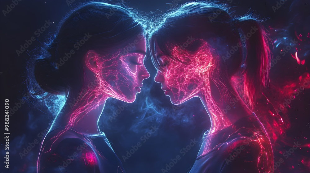 Glowing x-ray profiles of a couple with visible brain activity, linked ...