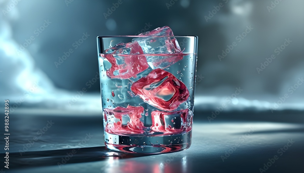 Refreshing chilled water in crystal-clear glass filled with ice cubes ...