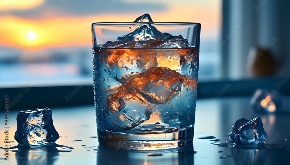 Refreshing chilled water in crystal-clear glass filled with ice cubes ...