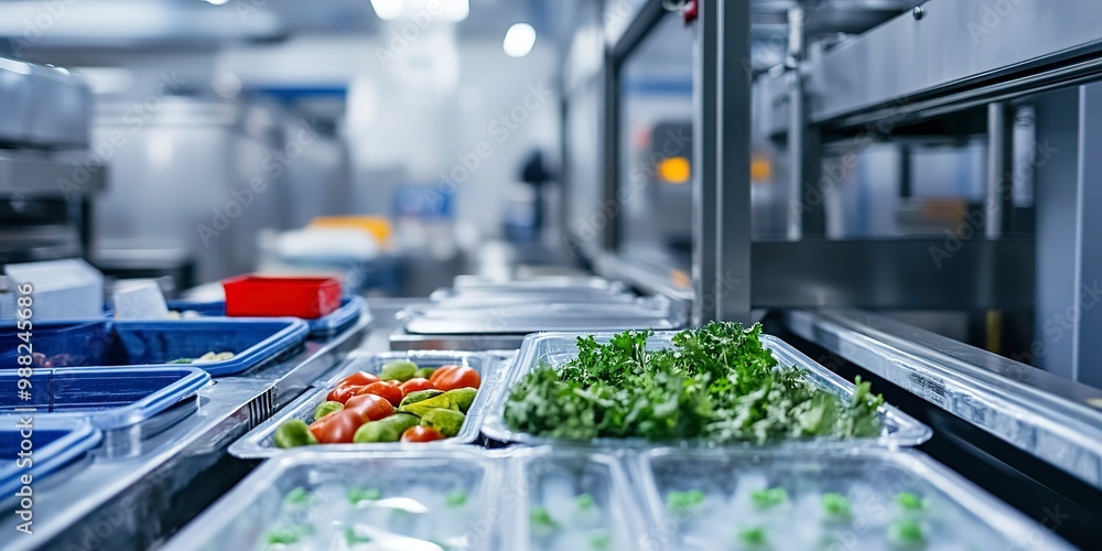 Efficient automated machinery in a modern frozen foods factory produces ...