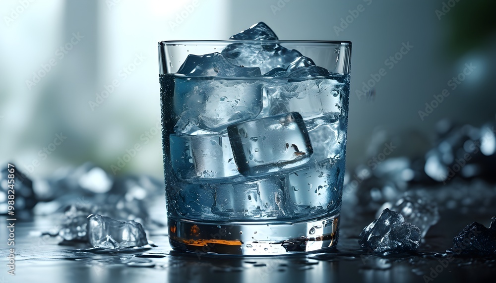 Refreshing chilled water in crystal-clear glass filled with ice cubes ...