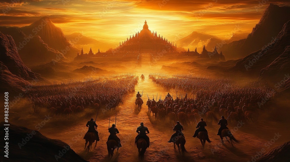 Photo Digital illustration battle scene It shows large group indian mahabharat war sol, Panuwat ...